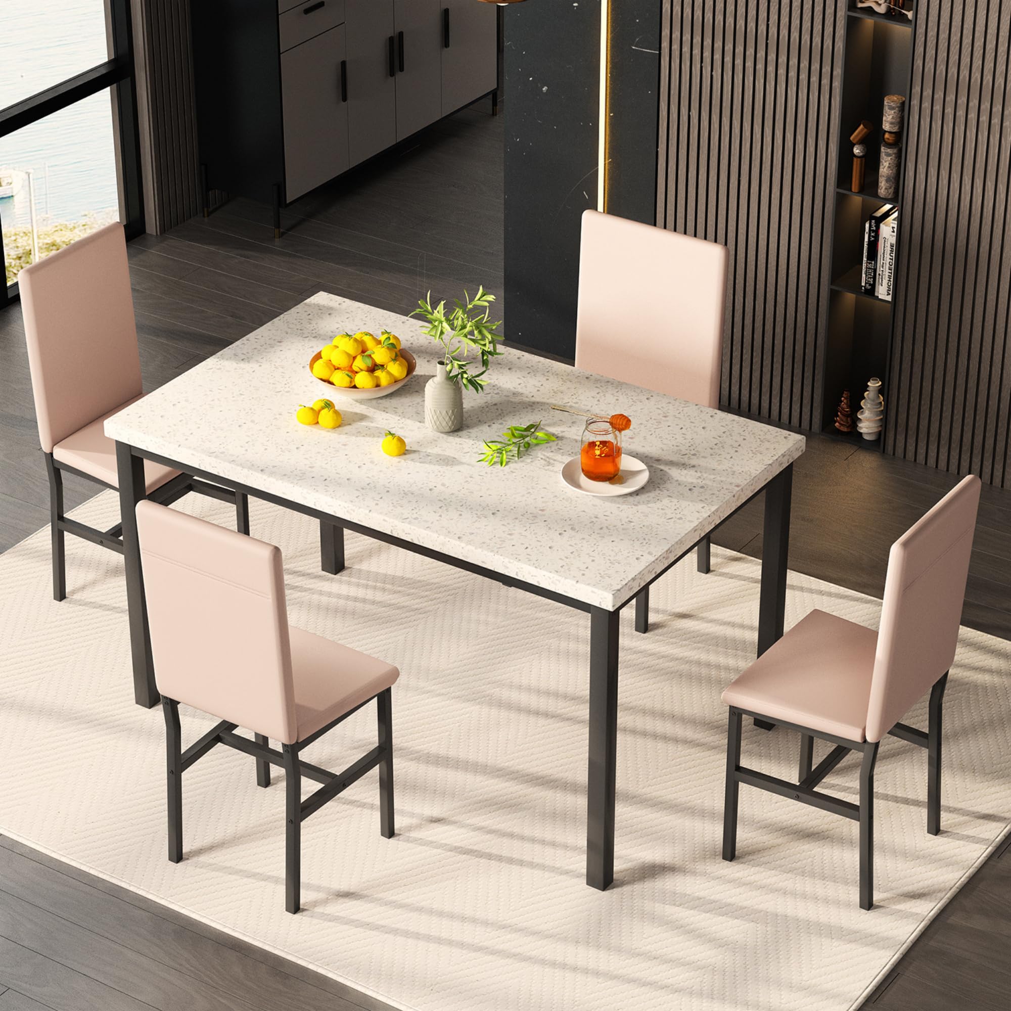 AWQM White Faux Marble Dining Table with 4 Upholstered Chairs, 5-Piece Dining Room Table Set for Small Space, Breakfast Table Bar Table and Chairs Set for 4, Home & Kitchen Set