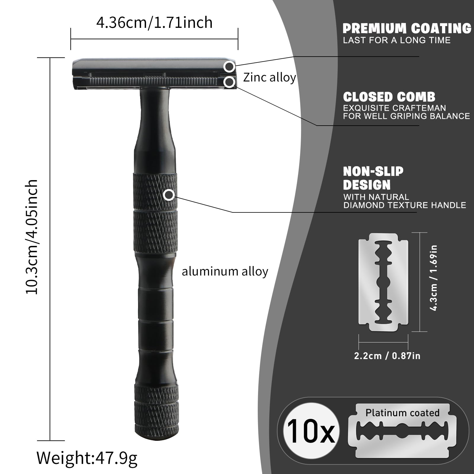 Matte Black Double Edge Safety Razor for Women and Men, Reusable Metal Single Blade Razors, with 10 Platinum Coated Safety Razor Blades