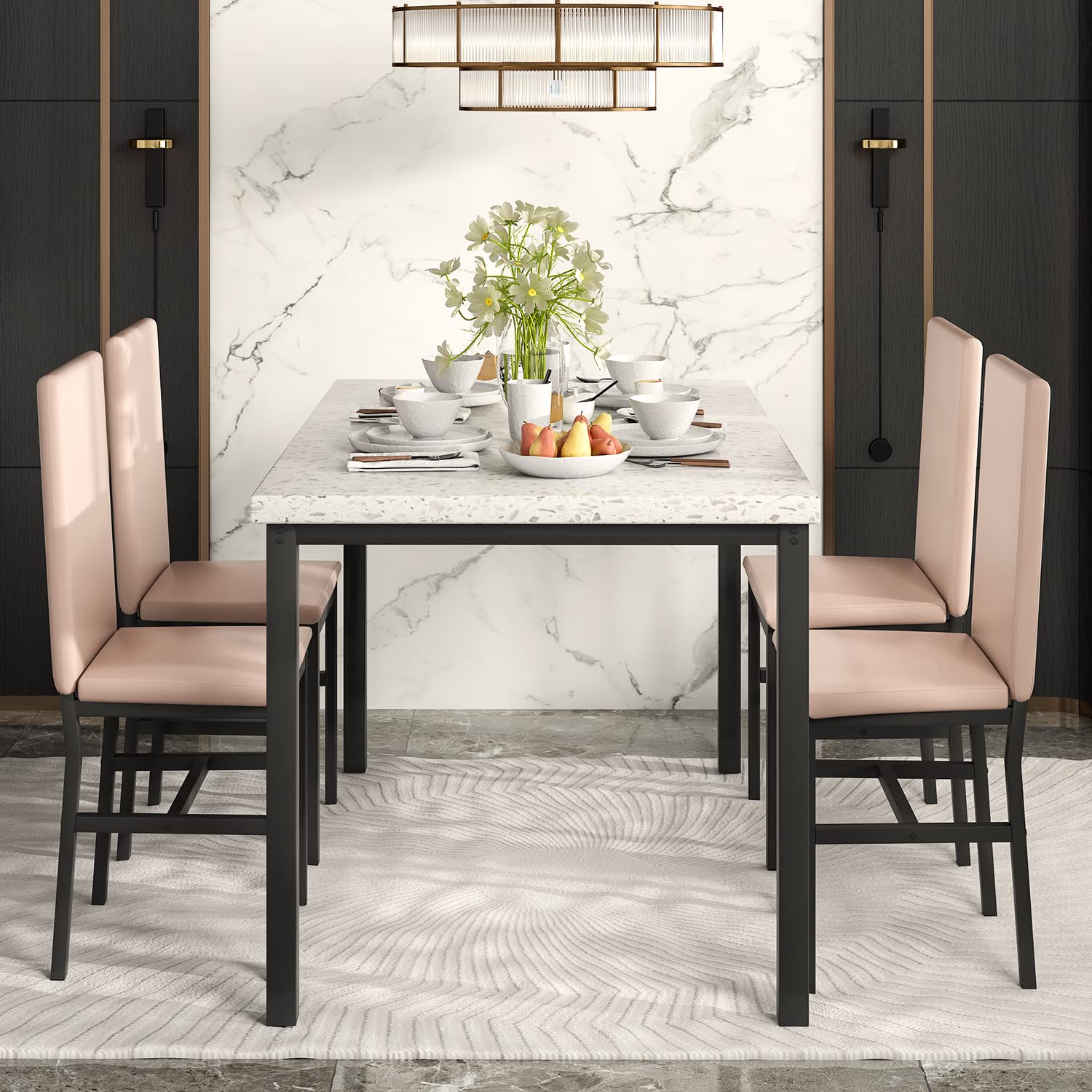 AWQM White Faux Marble Dining Table with 4 Upholstered Chairs, 5-Piece Dining Room Table Set for Small Space, Breakfast Table Bar Table and Chairs Set for 4, Home & Kitchen Set
