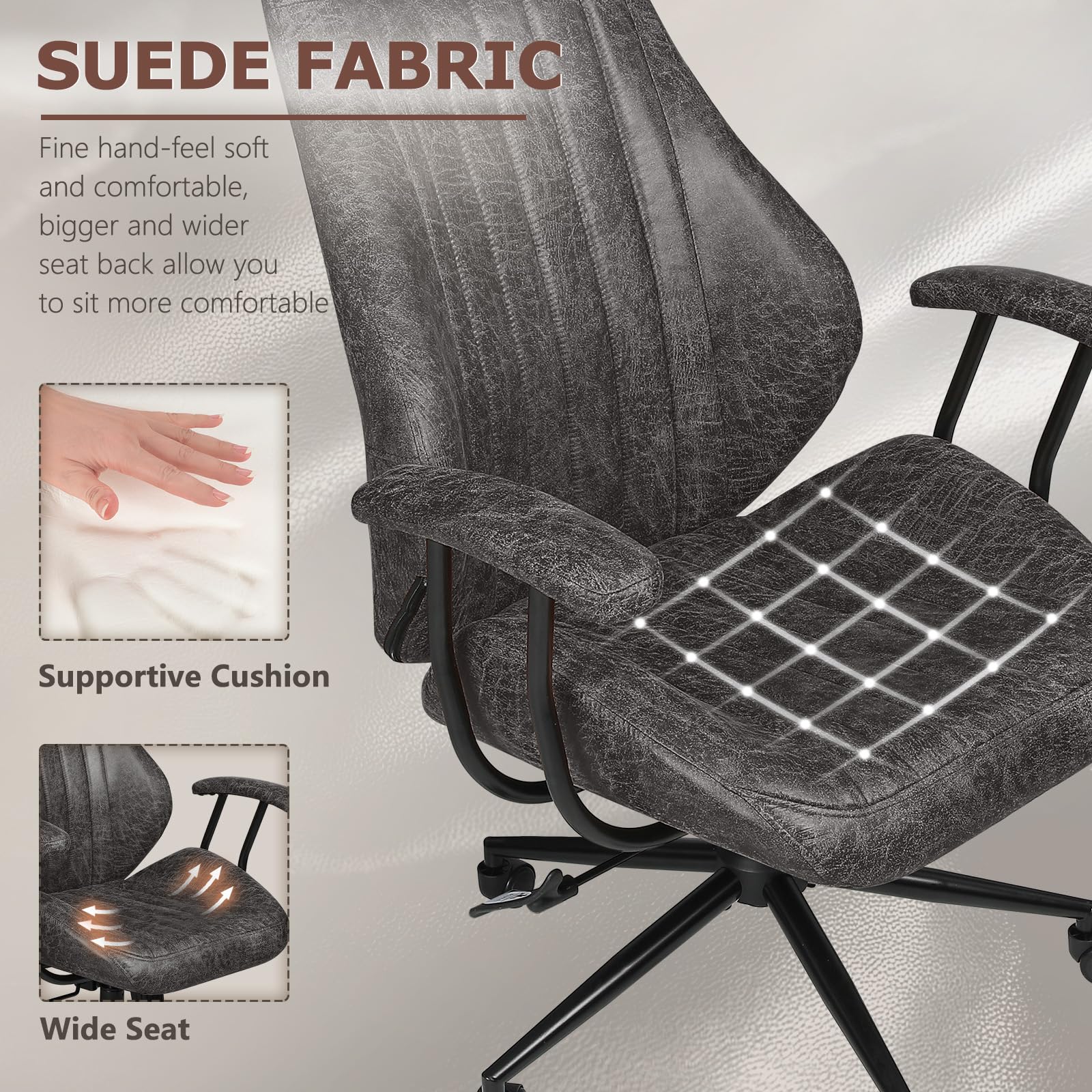 VITESSE Ergonomic Home Office Desk Chair Modern Leather Computer Chairs, High Back Lumbar Support Suede Fabric Executive Height Adjustable Rolling Swivel Task Chair with Padded Armrest (Dark Grey)