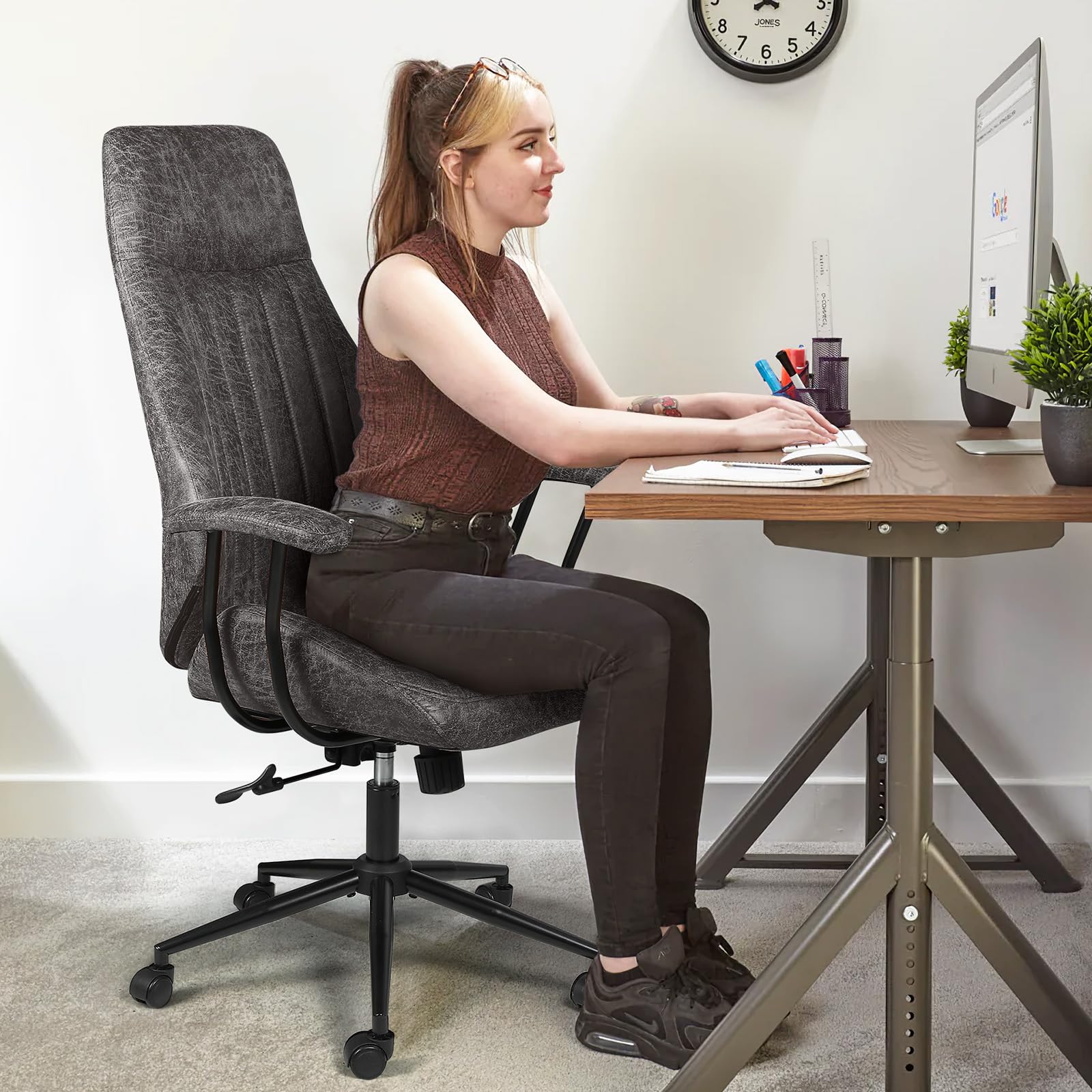 VITESSE Ergonomic Home Office Desk Chair Modern Leather Computer Chairs, High Back Lumbar Support Suede Fabric Executive Height Adjustable Rolling Swivel Task Chair with Padded Armrest (Dark Grey)