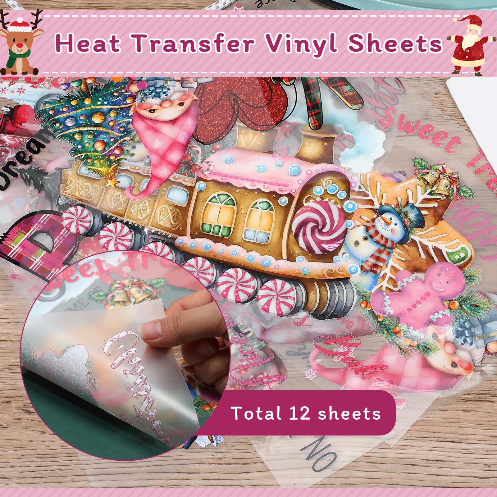 Fumete 12 Sheets Christmas Iron on Transfers for T Shirts Pink Iron on Decals Elk Snowman Tree Pattern Applique Stickers Christmas Heat Transfer Paper Stickers for DIY Xmas Clothing