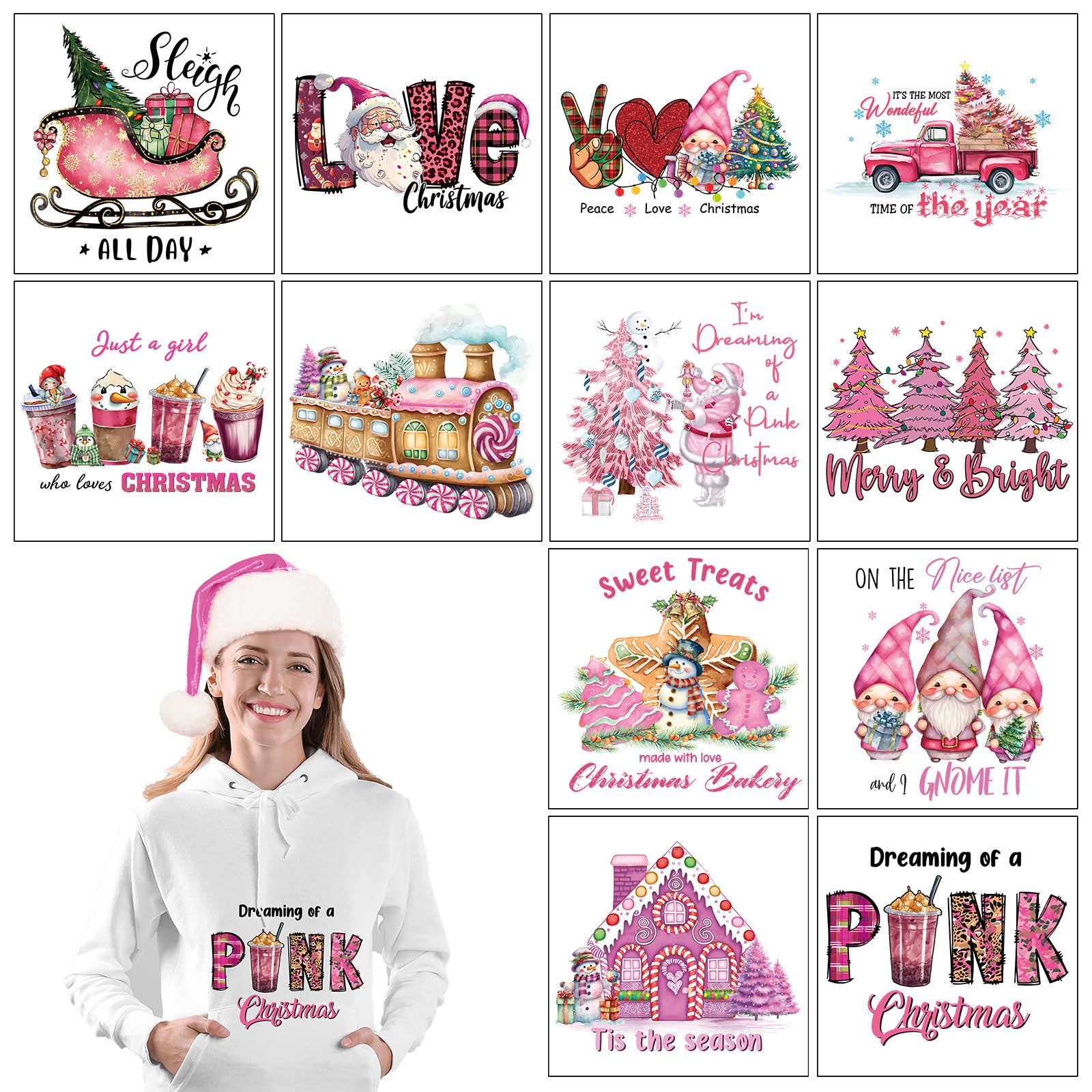 Fumete 12 Sheets Christmas Iron on Transfers for T Shirts Pink Iron on Decals Elk Snowman Tree Pattern Applique Stickers Christmas Heat Transfer Paper Stickers for DIY Xmas Clothing
