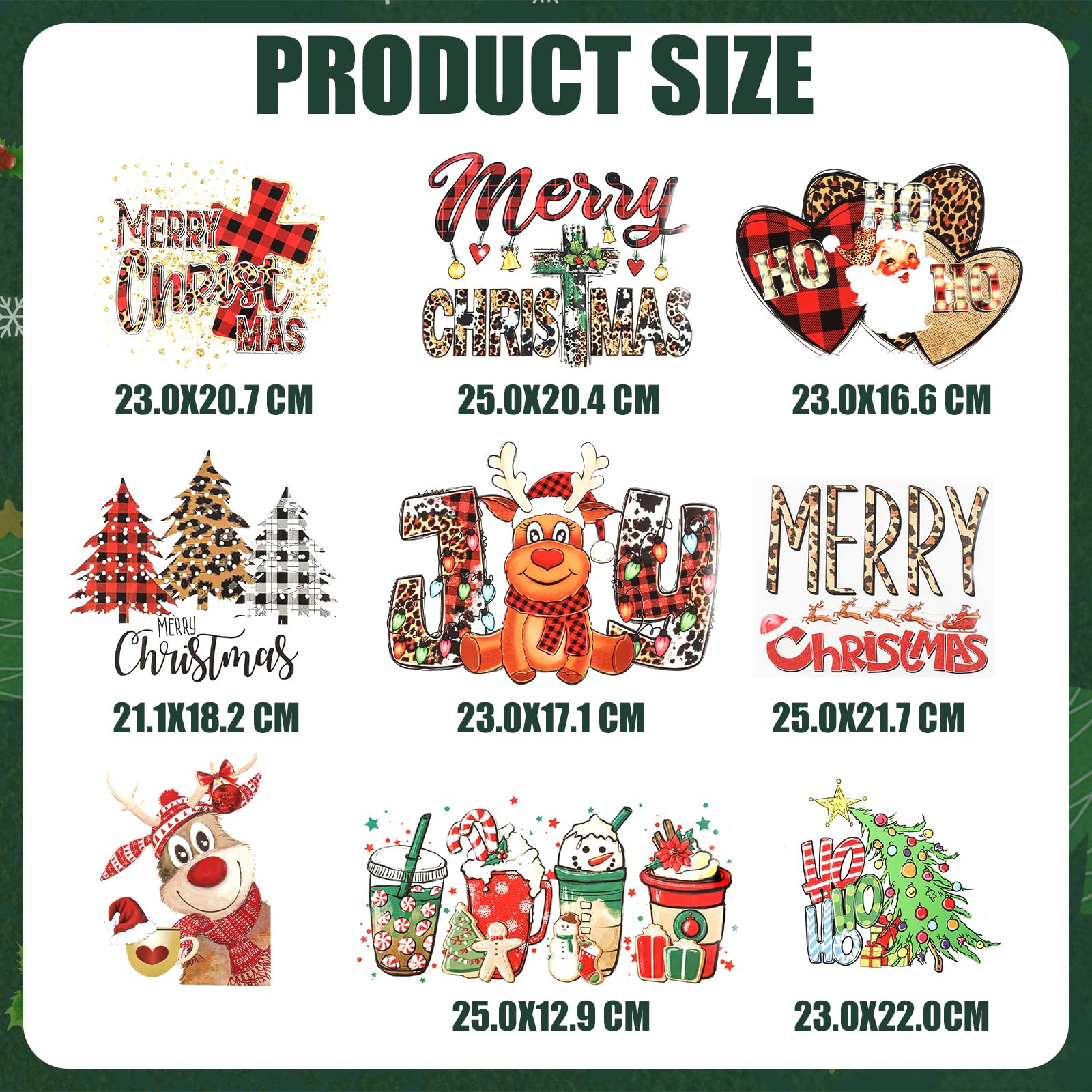 9pcs Merry Christmas Iron on Patches - Large Heat Transfer Stickers, Cute Tree Elk Santa Claus Pattern Decals for T Shirts, Hoodies, Bags