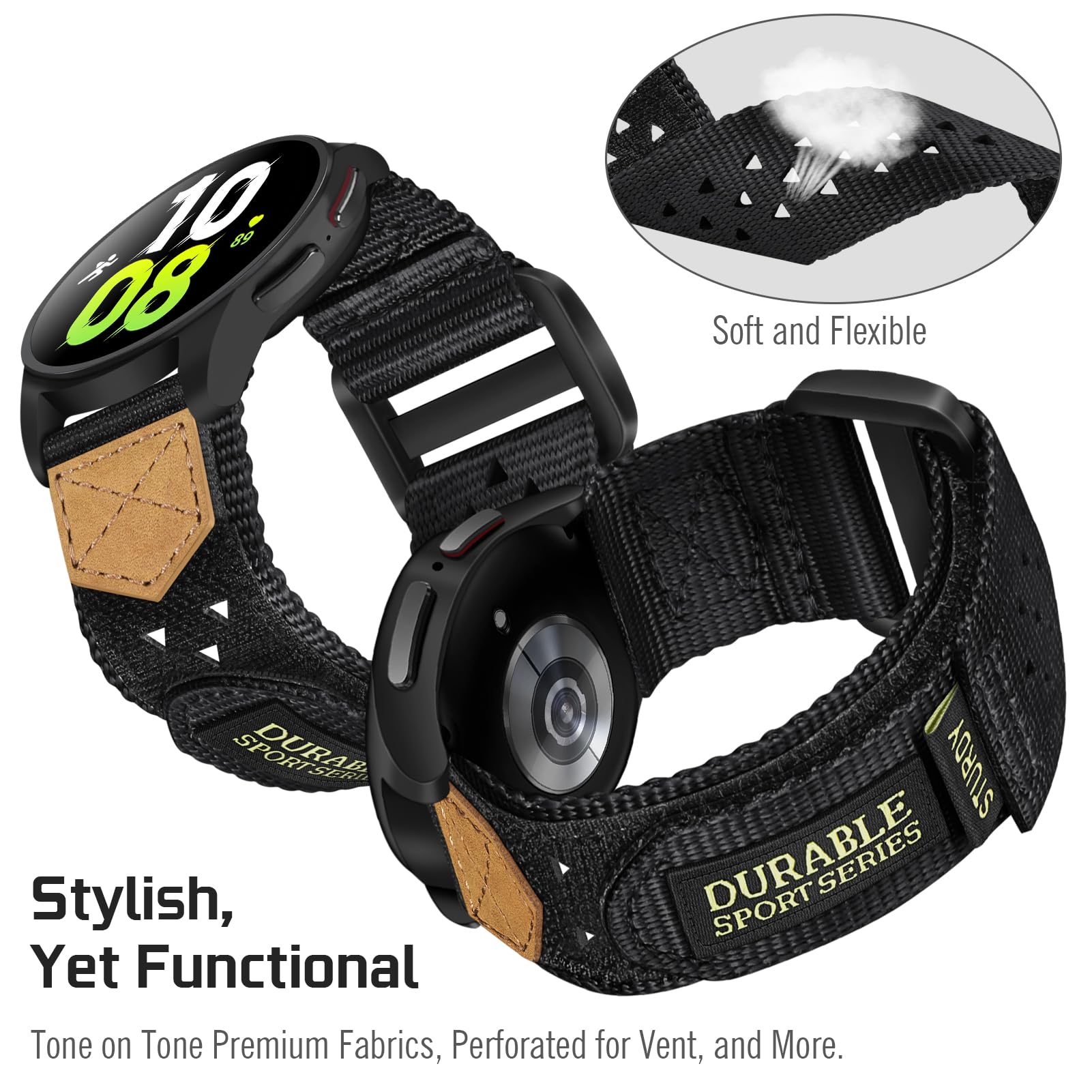 Fintie Band Compatible with Samsung Galaxy Watch 6 Classic 43mm 47mm/5 Pro 45mm/6 & 5 & 4 40mm 44mm/4 Classic 42mm 46mm, 20mm Nylon Sports Replacement Strap, Black