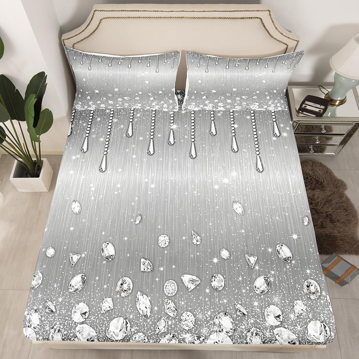 Geometric Ombre Stripes Fitted Sheet Full Size,Silver Glitter Sequin Diamond Bedding Set,Kids Girls Boys Adults Room Decor,Princess Dreamy Bed Cover,Gray Romantic Bed Sheet,2 Pillowcases