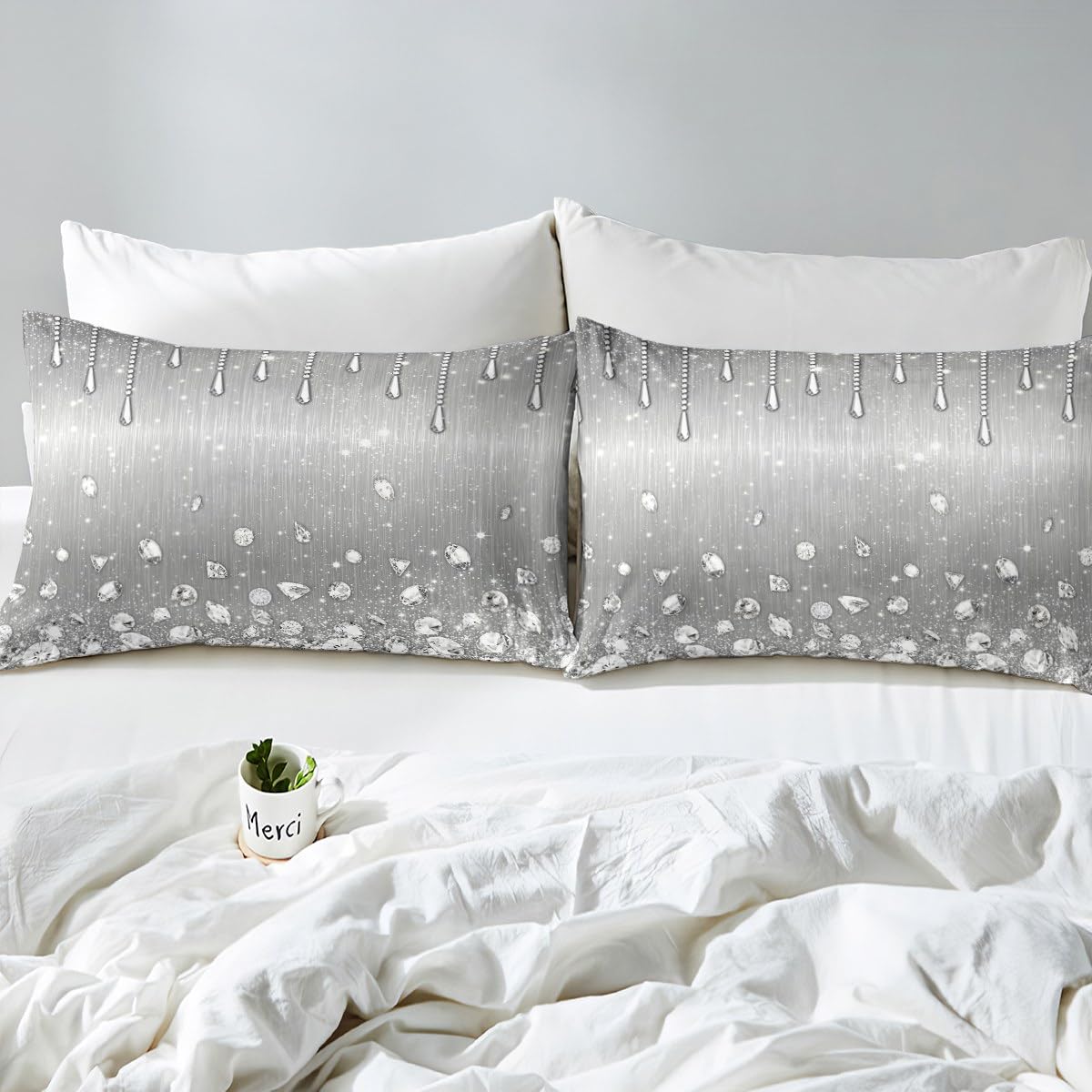 Geometric Ombre Stripes Fitted Sheet Full Size,Silver Glitter Sequin Diamond Bedding Set,Kids Girls Boys Adults Room Decor,Princess Dreamy Bed Cover,Gray Romantic Bed Sheet,2 Pillowcases