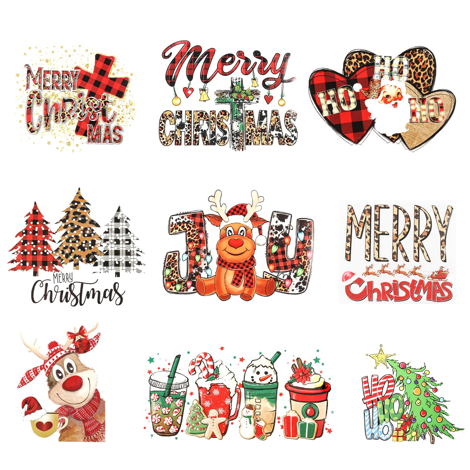 9pcs Merry Christmas Iron on Patches - Large Heat Transfer Stickers, Cute Tree Elk Santa Claus Pattern Decals for T Shirts, Hoodies, Bags