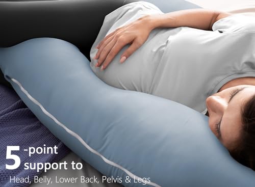 AngQi Pregnancy Pillows, U Shaped Pregnancy Body Pillow for Sleeping, 55 inch Maternity Pillow for Pregnant Women with Soft, Super Breathable Rayon Cover from Bamboo,Blue