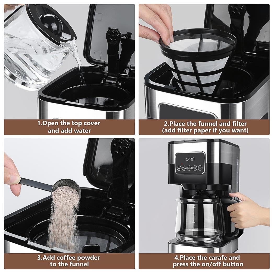 10-Cup Coffee Maker,Programmable Coffee Machine with Touch Screen,Glass Carefe,Reusable Filter,Auto Shut-Off and Pause,Regular & Strong Brew for Home and Office,Silver and Black