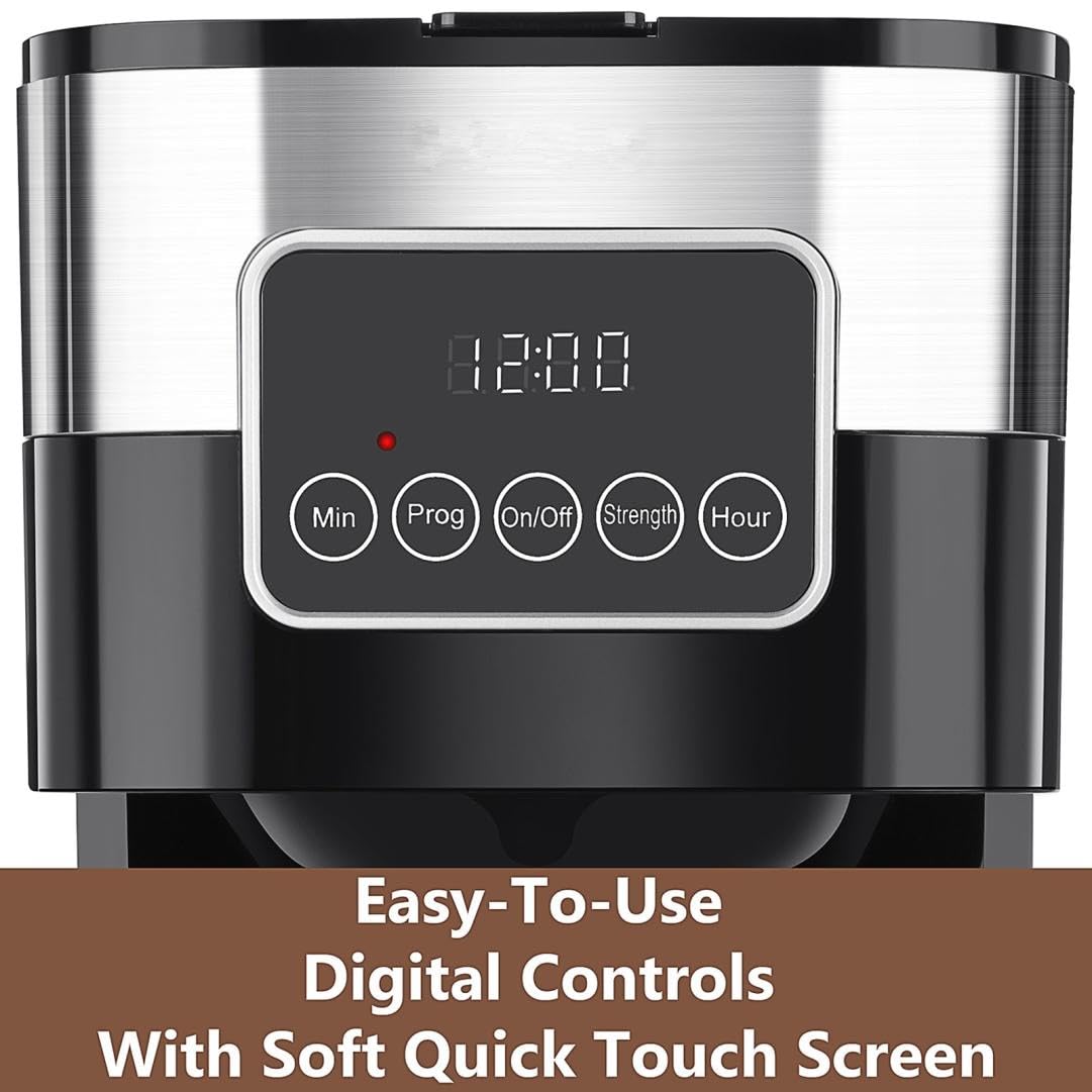 10-Cup Coffee Maker,Programmable Coffee Machine with Touch Screen,Glass Carefe,Reusable Filter,Auto Shut-Off and Pause,Regular & Strong Brew for Home and Office,Silver and Black