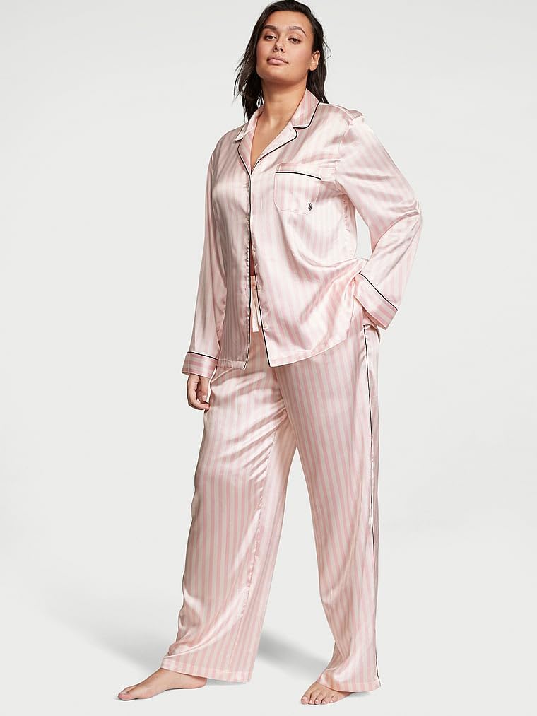Victoria's Secret Satin Pajama Set, Long Sleeve Button Down & Pant Set, Sleepwear for Women, Pink Iconic Stripe (XL)