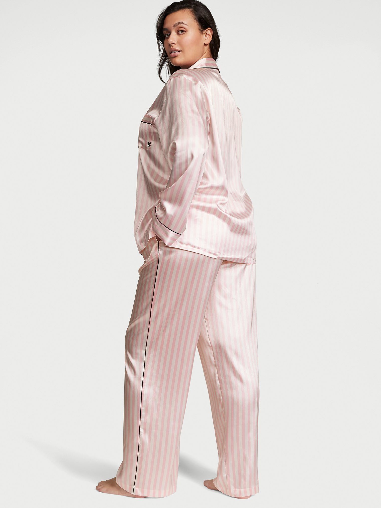 Victoria's Secret Satin Pajama Set, Long Sleeve Button Down & Pant Set, Sleepwear for Women, Pink Iconic Stripe (XL)