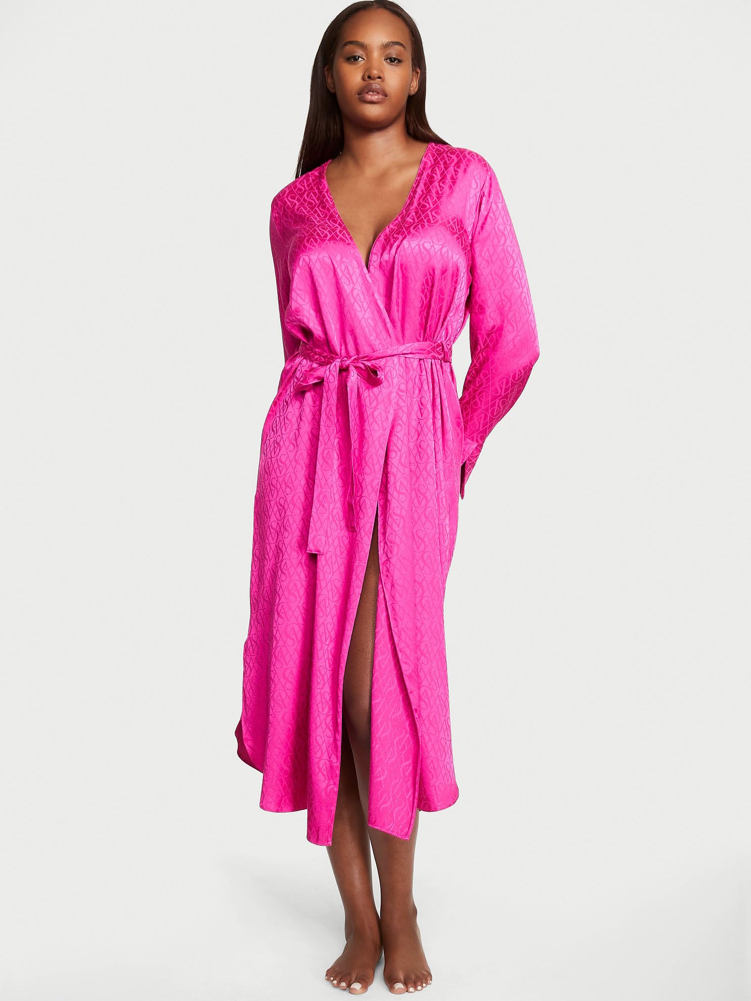 Victoria's Secret Icon Satin Long Robe, VS Logo Kimono, Women's Lingerie, Pink (XL/XXL)