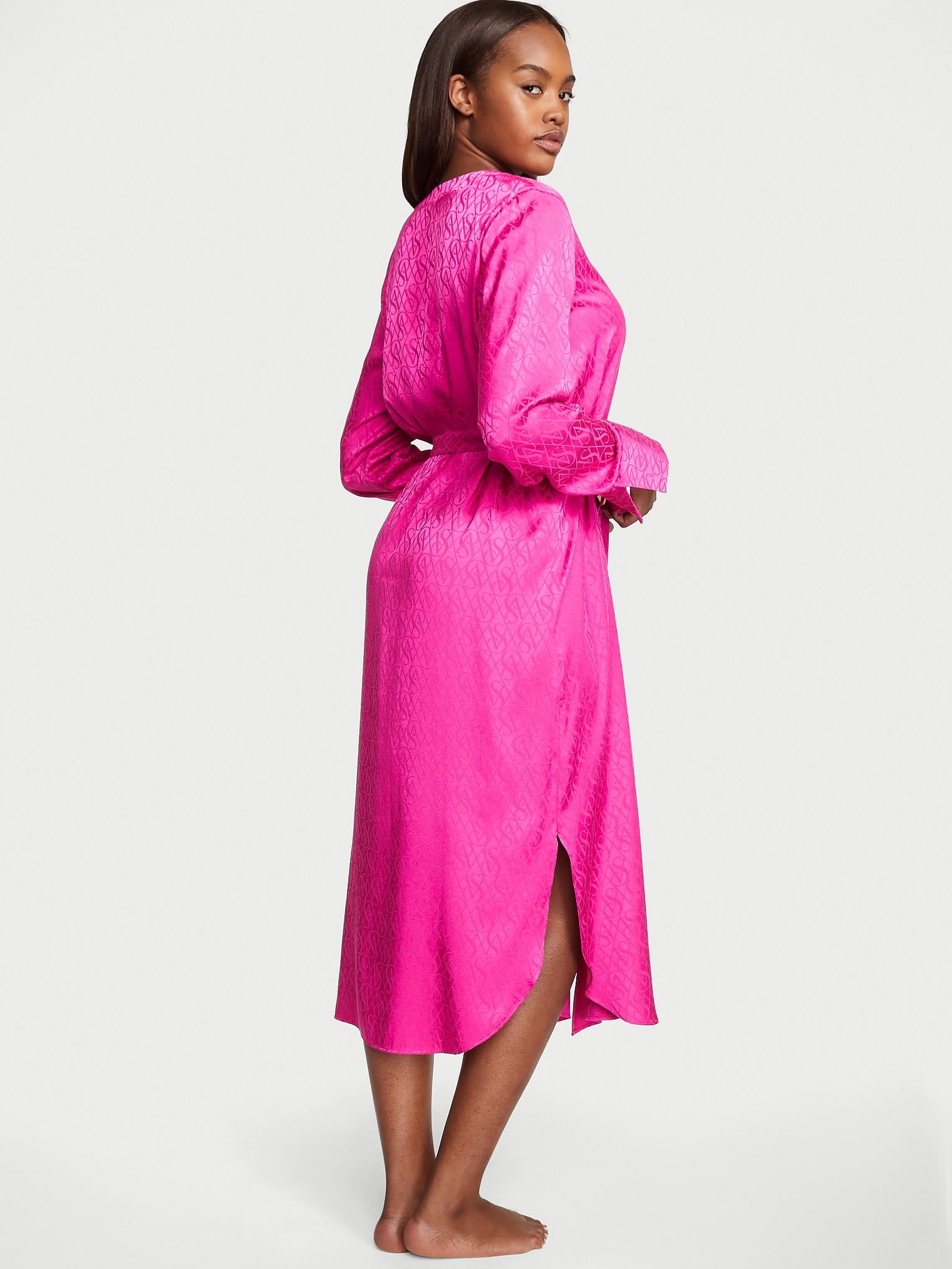 Victoria's Secret Icon Satin Long Robe, VS Logo Kimono, Women's Lingerie, Pink (XL/XXL)