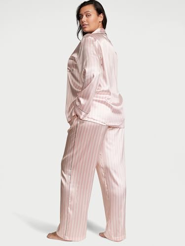 Victoria's Secret Satin Pajama Set, Long Sleeve Button Down & Pant Set, Sleepwear for Women, Pink Iconic Stripe (XS)