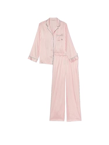 Victoria's Secret Satin Pajama Set, Long Sleeve Button Down & Pant Set, Sleepwear for Women, Pink Iconic Stripe (XS)