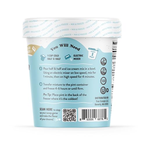 True Scoops 2-Pack Vanilla Bean Ice Cream Mix. Add One Ingredient - Half & Half! Makes 1 Pint of Ice Cream With An Electric Mixer. Made With Real Vanilla Beans. Gluten-Free, Peanut-Free, and Kosher.