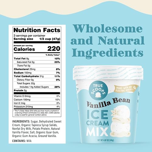 True Scoops 2-Pack Vanilla Bean Ice Cream Mix. Add One Ingredient - Half & Half! Makes 1 Pint of Ice Cream With An Electric Mixer. Made With Real Vanilla Beans. Gluten-Free, Peanut-Free, and Kosher.