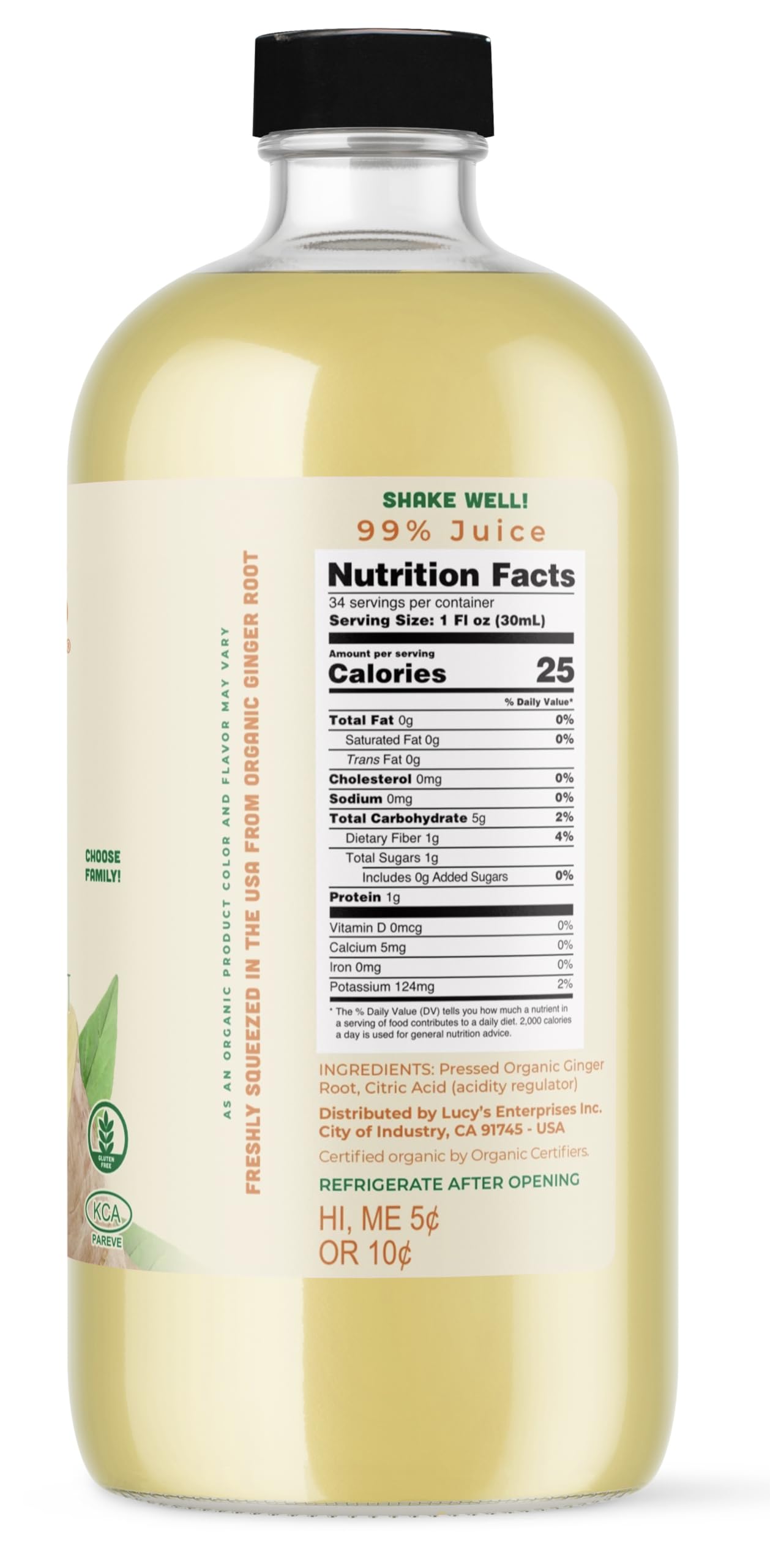 Lucy's Family Owned - PERUVIAN Organic 99% Pure Ginger Juice, 34 oz. Glass Bottle (Made From Fresh Pressed)