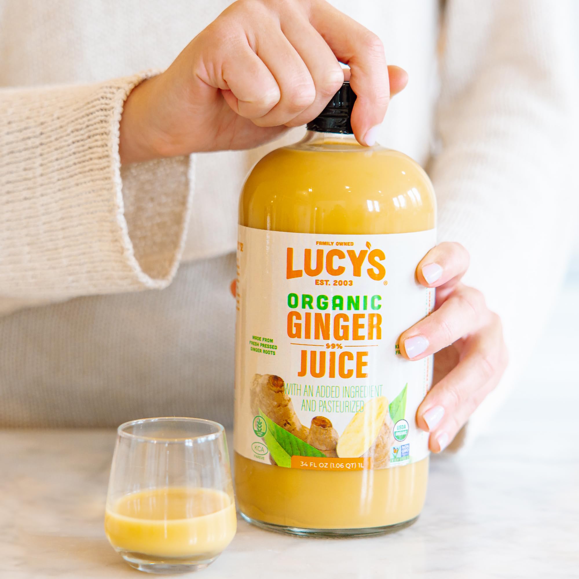 Lucy's Family Owned - PERUVIAN Organic 99% Pure Ginger Juice, 34 oz. Glass Bottle (Made From Fresh Pressed)