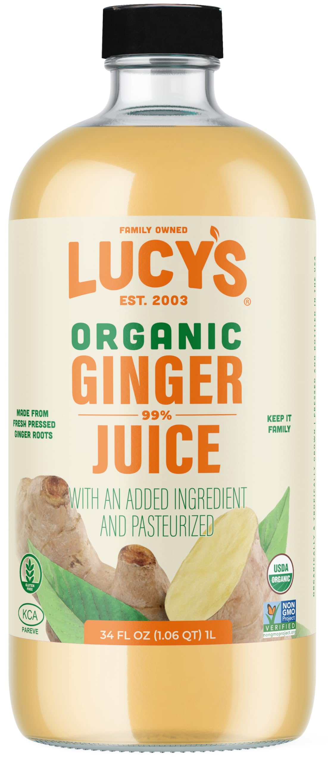 Lucy's Family Owned - PERUVIAN Organic 99% Pure Ginger Juice, 34 oz. Glass Bottle (Made From Fresh Pressed)