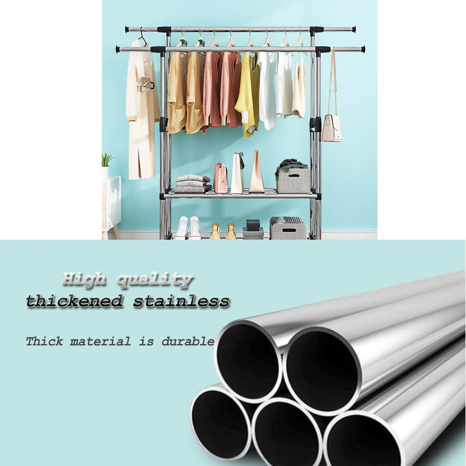 RUYICZB 3 Layer Floor Clothes Drying Rack Metal Drying Double Pole Clothes Rack, Large Expandable Stainless Steel Laundry Clothes Drying Rack with Wheel Easy Assembly Indoor Outdoor Use