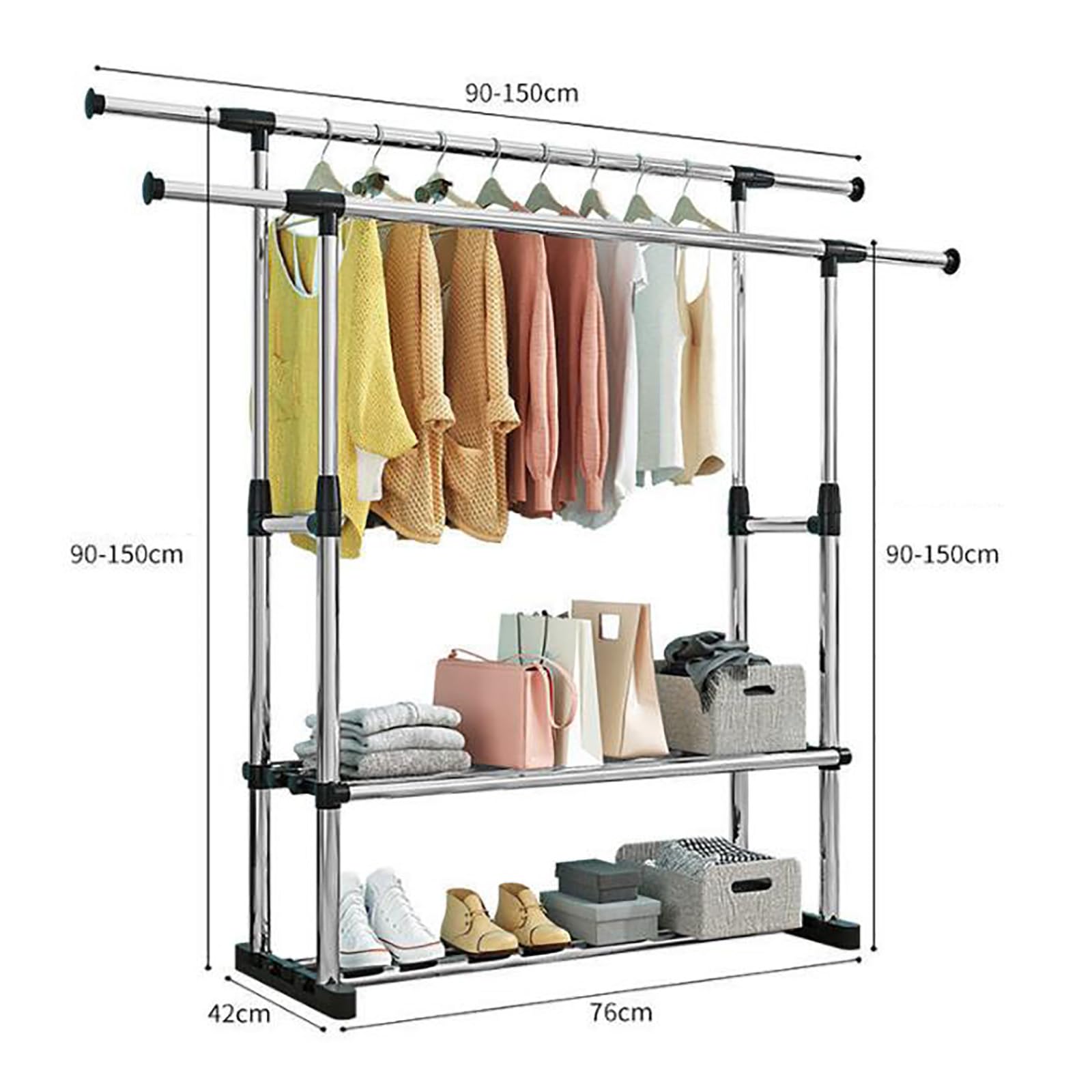 RUYICZB 3 Layer Floor Clothes Drying Rack Metal Drying Double Pole Clothes Rack, Large Expandable Stainless Steel Laundry Clothes Drying Rack with Wheel Easy Assembly Indoor Outdoor Use