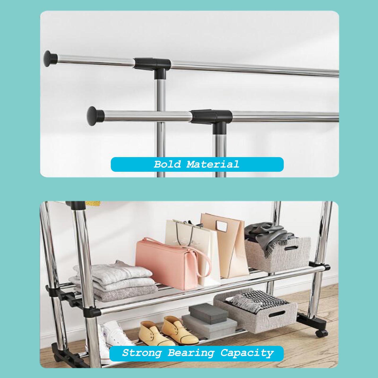 RUYICZB 3 Layer Floor Clothes Drying Rack Metal Drying Double Pole Clothes Rack, Large Expandable Stainless Steel Laundry Clothes Drying Rack with Wheel Easy Assembly Indoor Outdoor Use