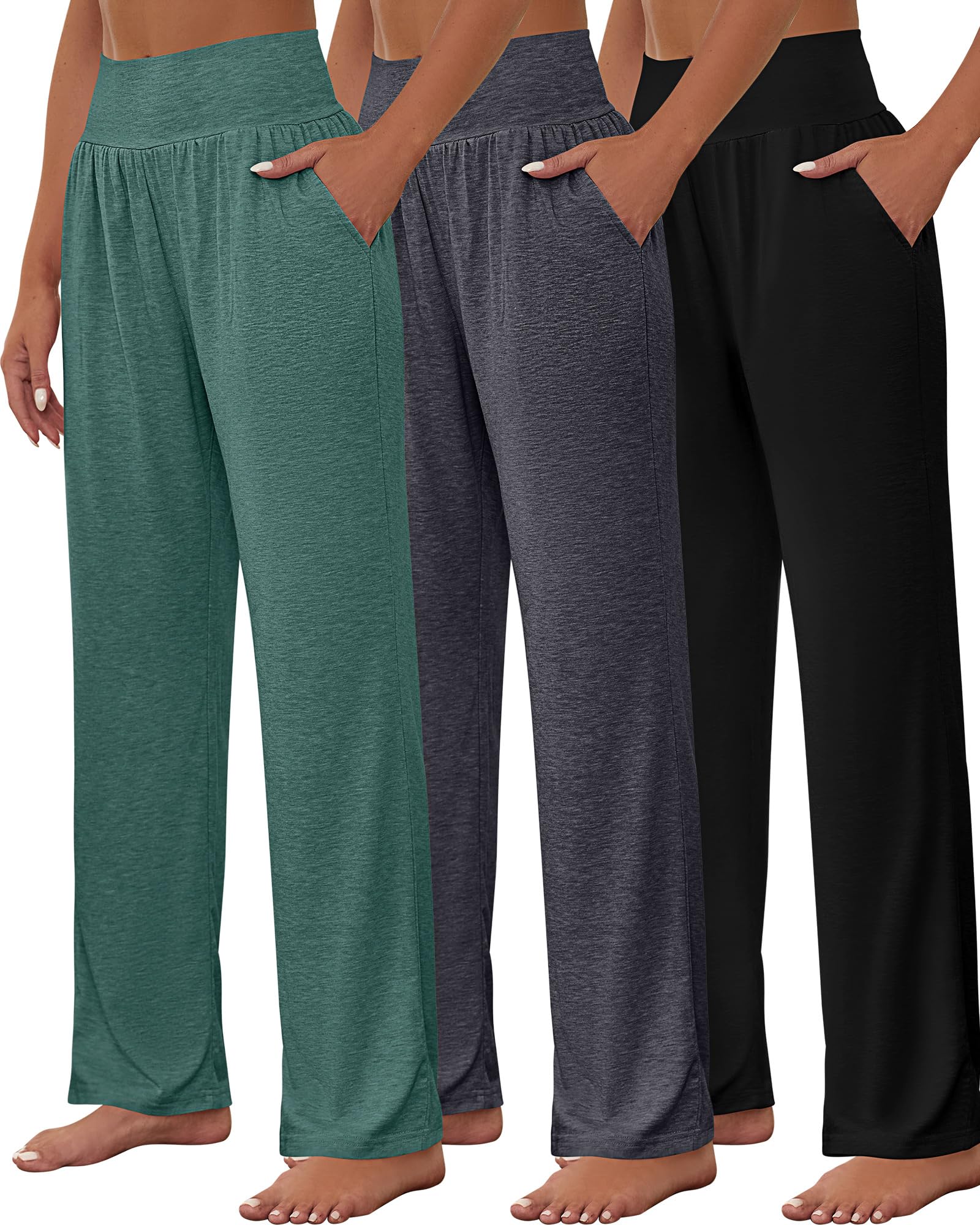 Neer 3 Pcs Women's Wide Leg Yoga Pant Comfy Loose Sweatpants High Waist Lounge Casual Athletic Pant Workout Joggers Pant (Black, Grey, Pine Green,XX-Large)