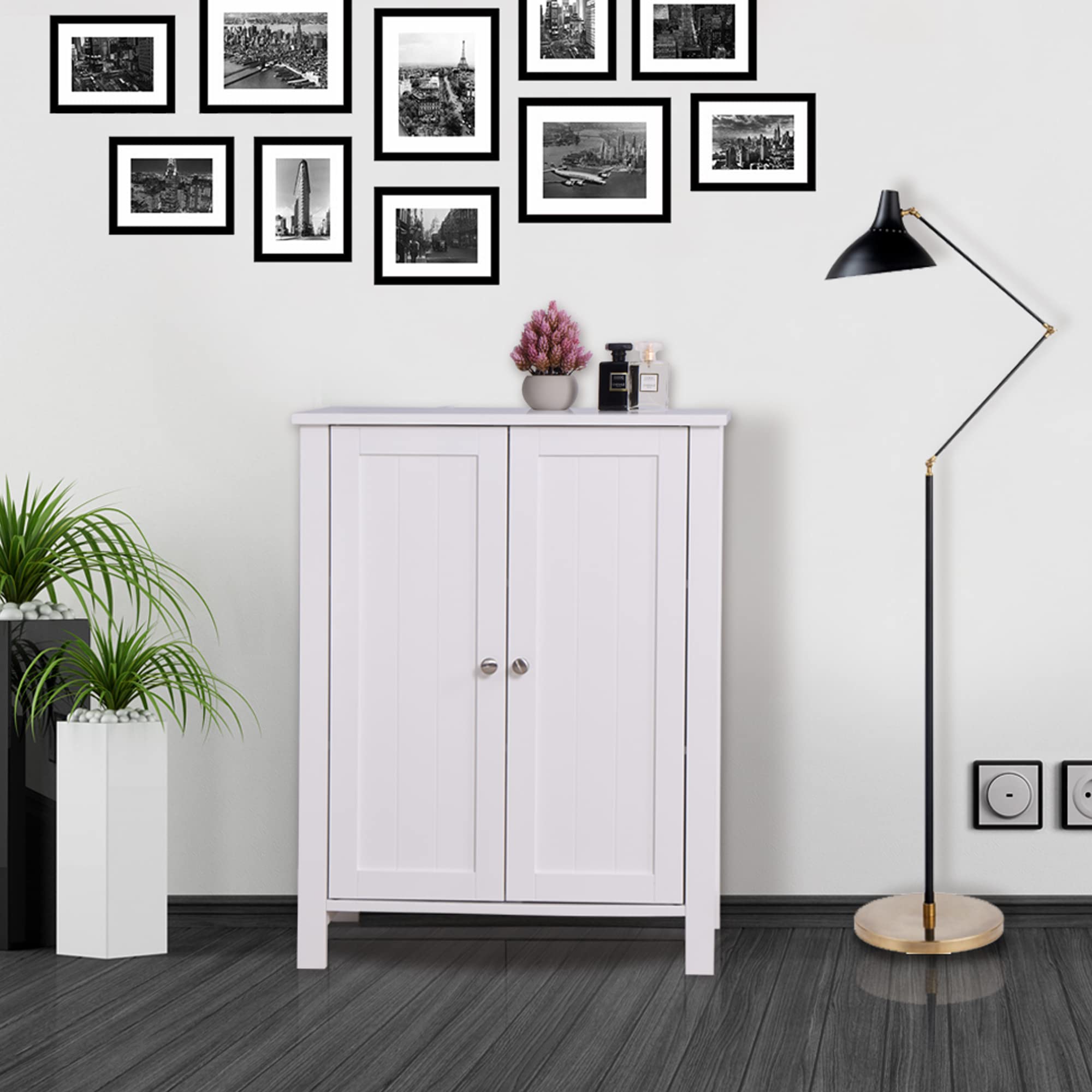 Goohome Bathroom Storage Floor Cabinet, Modern Freestanding Organizer Cabinet with Adjustable Shelves & Double Doors, Kitchen Cupboard, 3-Tier Home Furniture Storage Organizer Cabinet