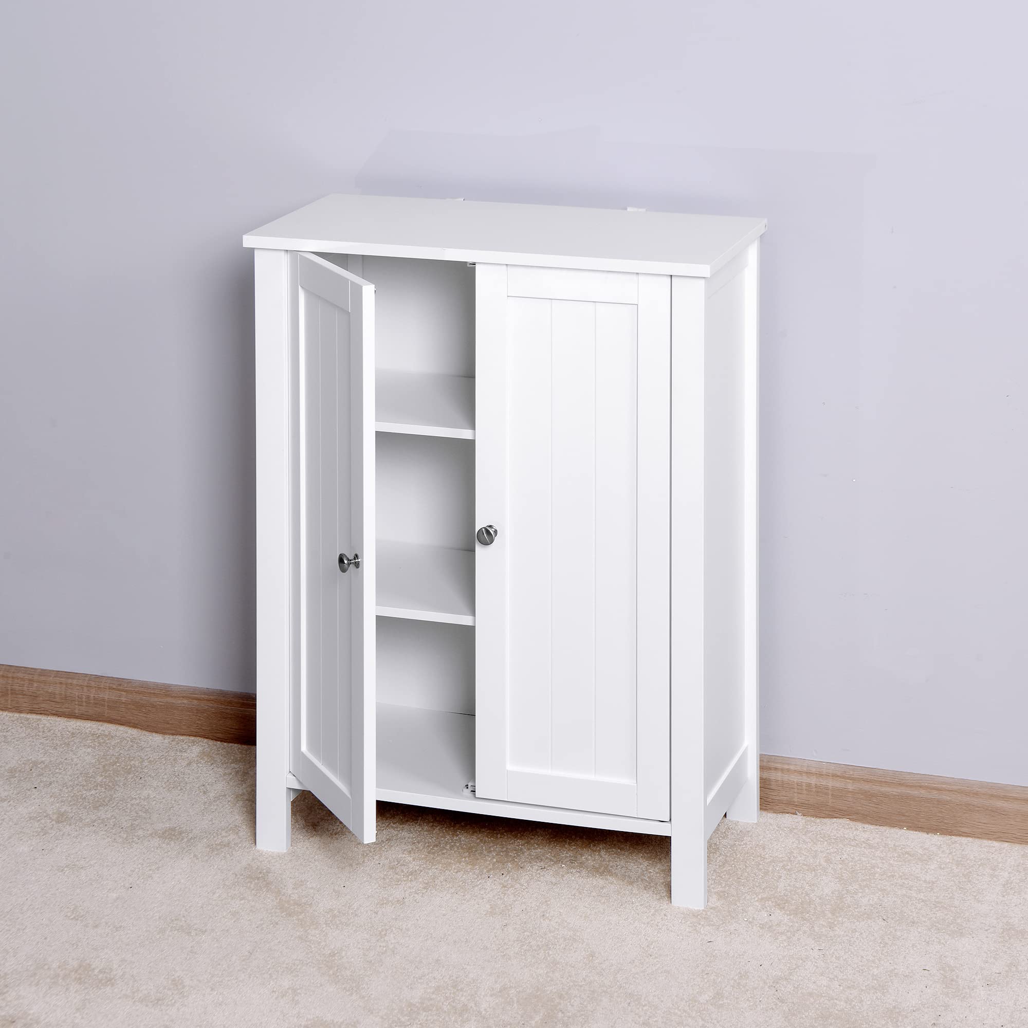 Goohome Bathroom Storage Floor Cabinet, Modern Freestanding Organizer Cabinet with Adjustable Shelves & Double Doors, Kitchen Cupboard, 3-Tier Home Furniture Storage Organizer Cabinet