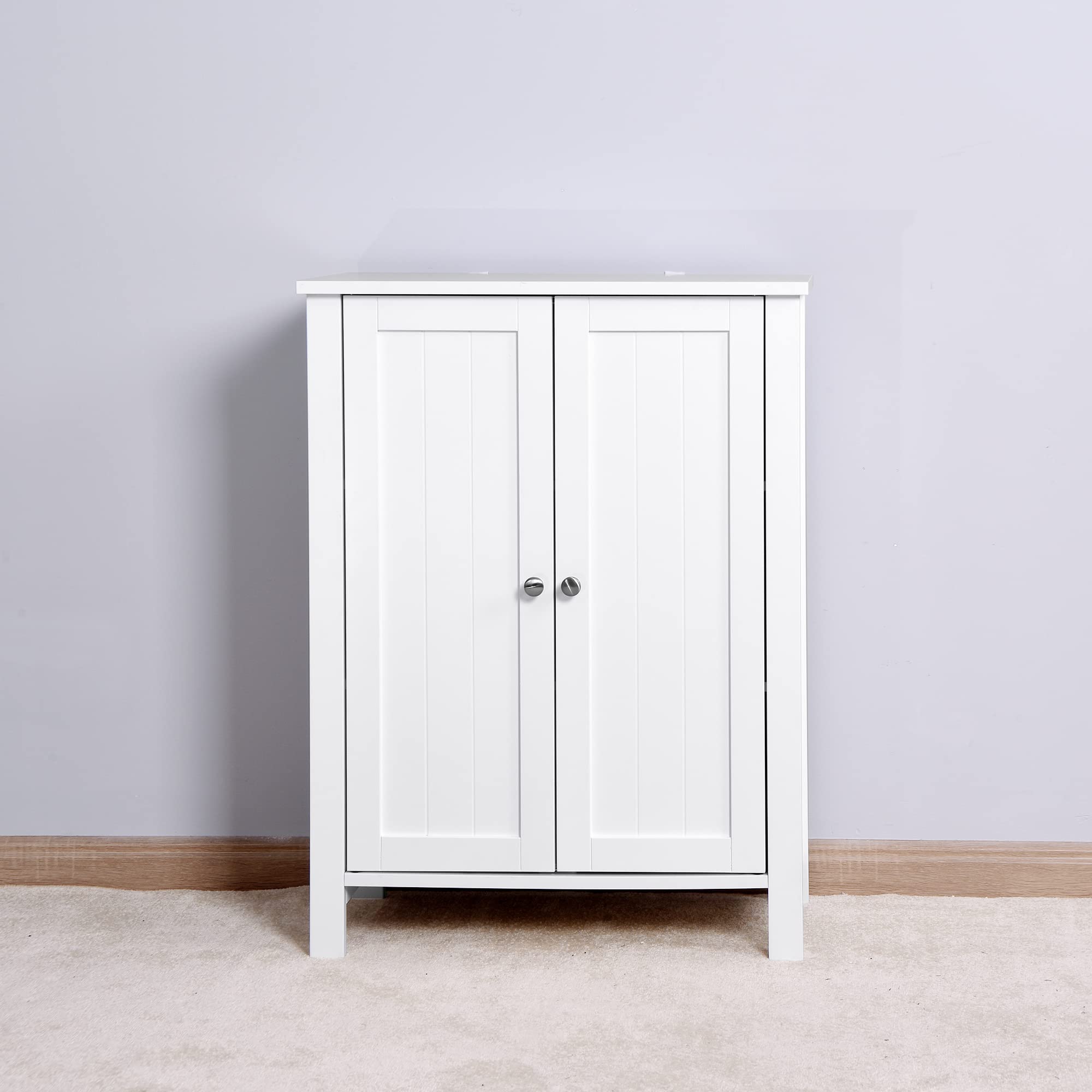 Goohome Bathroom Storage Floor Cabinet, Modern Freestanding Organizer Cabinet with Adjustable Shelves & Double Doors, Kitchen Cupboard, 3-Tier Home Furniture Storage Organizer Cabinet