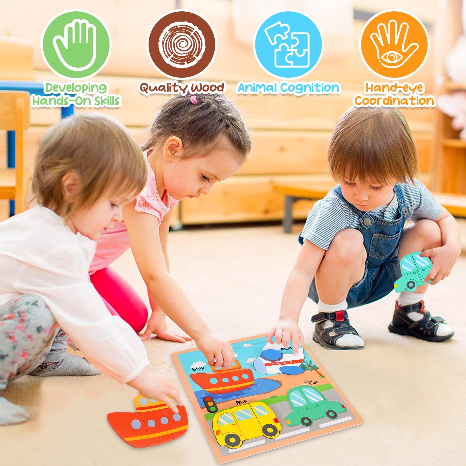 Wooden Puzzles for Toddlers 1-3, Educational Preschool Puzzle Toy, Each Set of Jigsaw Puzzles Contains 4 Patterns, Backside Can be Used as a Drawing Board