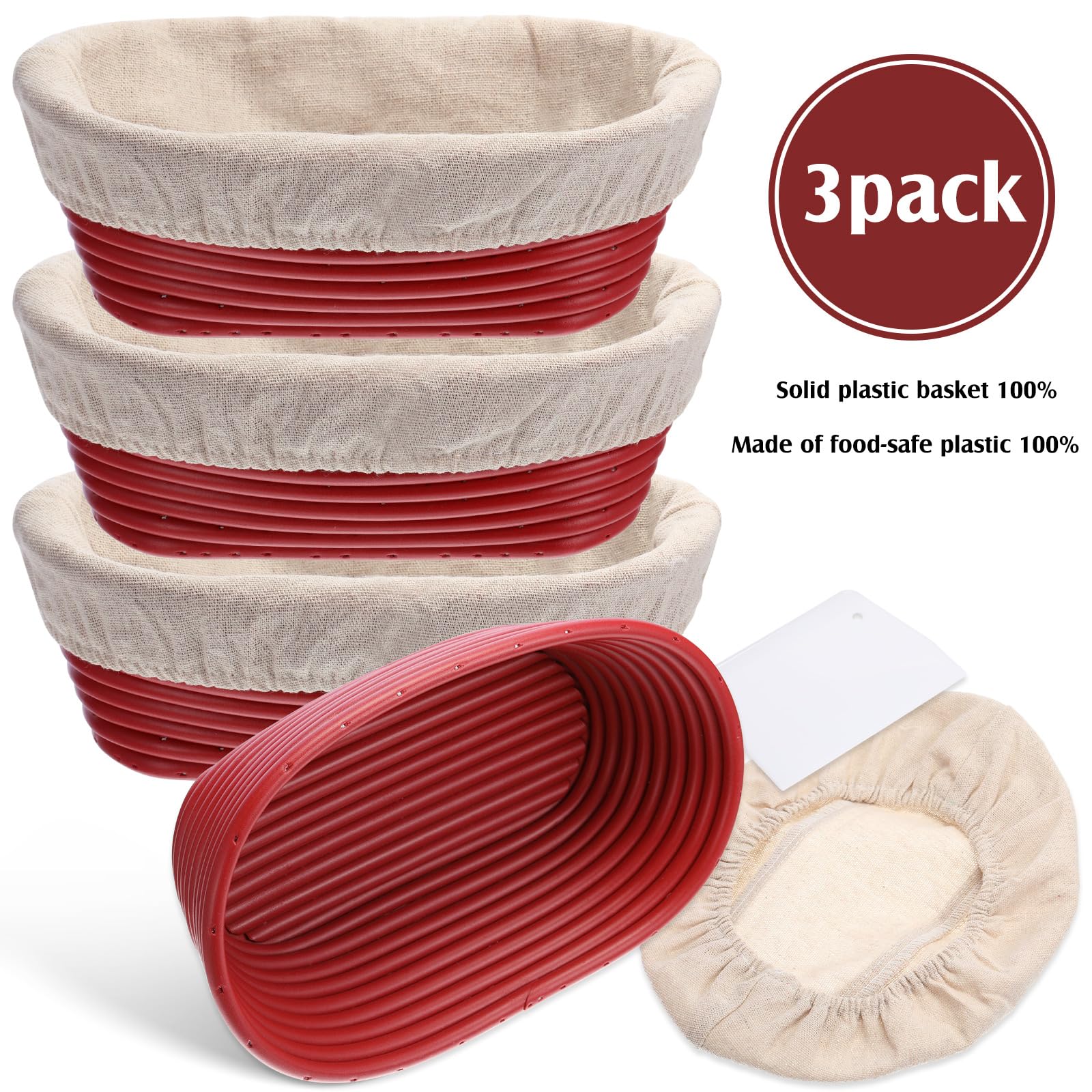 Hushee 3 Pieces 10 Inch Oval Shaped Proofing Basket bread proofing basket with Scraper Cotton Liner Red Oval Banneton Basket Dough Bowl Bread Making Tools for Home Sourdough Bread Baking