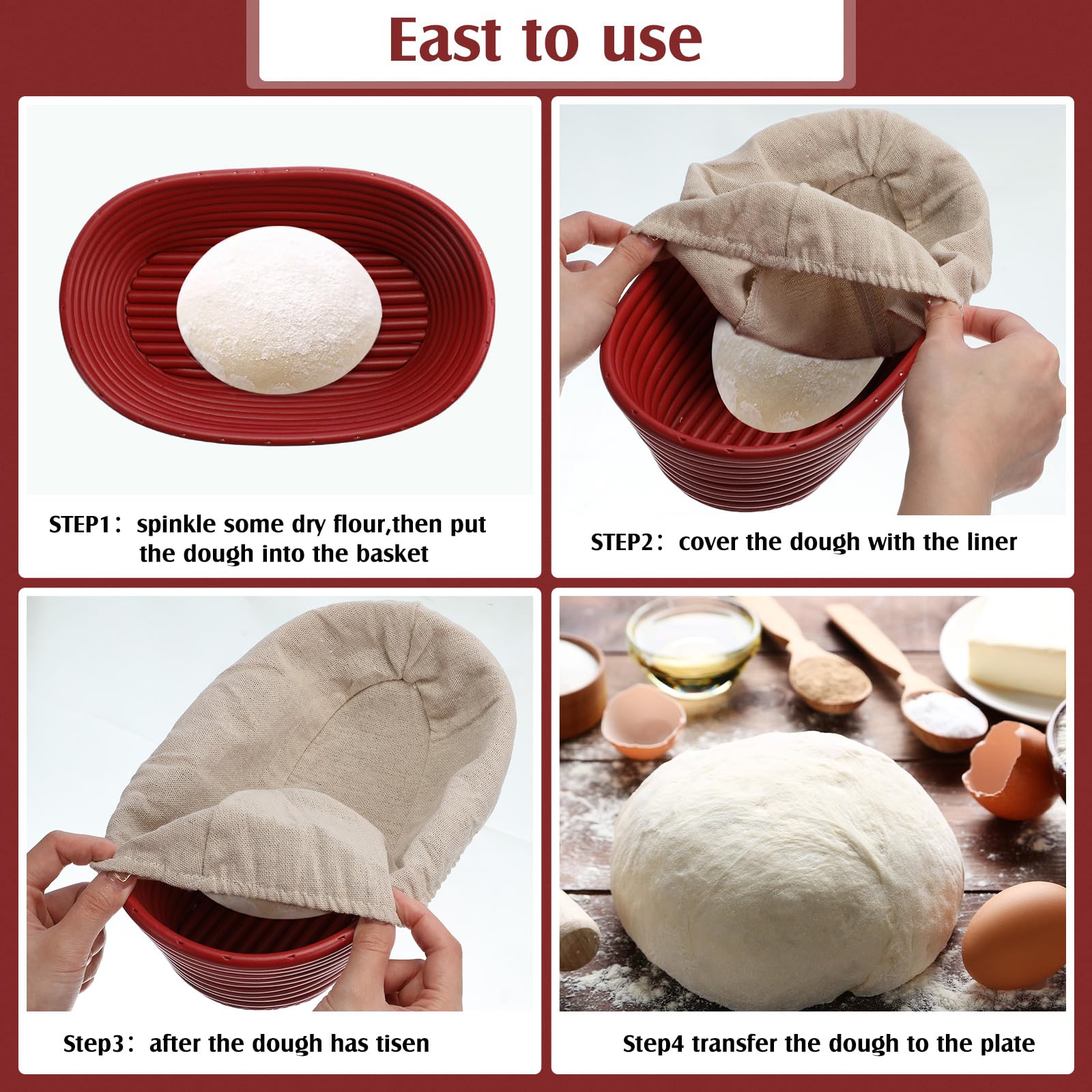 Hushee 3 Pieces 10 Inch Oval Shaped Proofing Basket bread proofing basket with Scraper Cotton Liner Red Oval Banneton Basket Dough Bowl Bread Making Tools for Home Sourdough Bread Baking