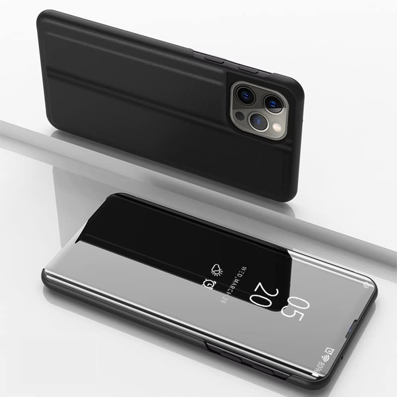 IMEIKONST for iPhone 15 Pro Case 6.1'',PU Mirror Flip Ultra Slim Cover Scratchproof Electroplate Clear View Window with Kickstand Full Body Protective Cover for iPhone 15 Pro,QH Mirror Black