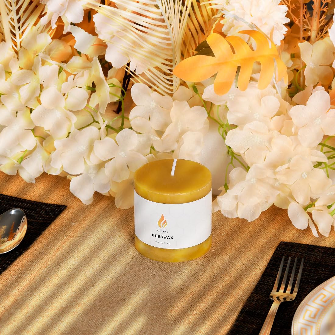 AGLARY 3"x 3" Beeswax Pillar Candle, Made of Pure Natural Beeswax, with Ultra Long Burning Time and Low Allergenicity-Raw,40H