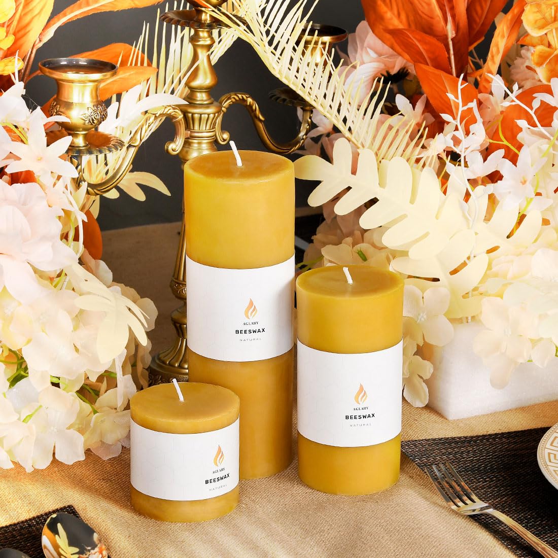 AGLARY 3"x 3" Beeswax Pillar Candle, Made of Pure Natural Beeswax, with Ultra Long Burning Time and Low Allergenicity-Raw,40H