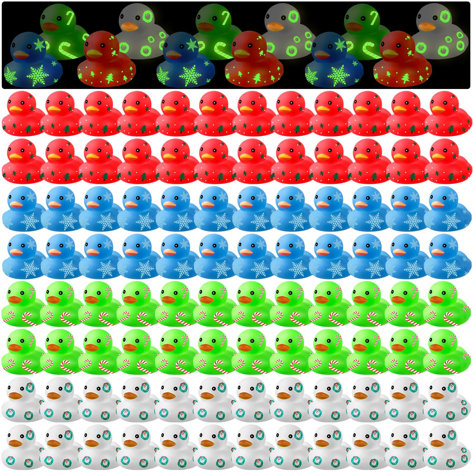 Poen 108 Pcs Christmas Glow in The Dark Rubber Ducks Christmas Rubber Ducks Bulk Light up Mini Rubber Duckies Bathtub Toys for Girls Boys Christmas Party Favors Birthday Pool Rewards (Cute Style)