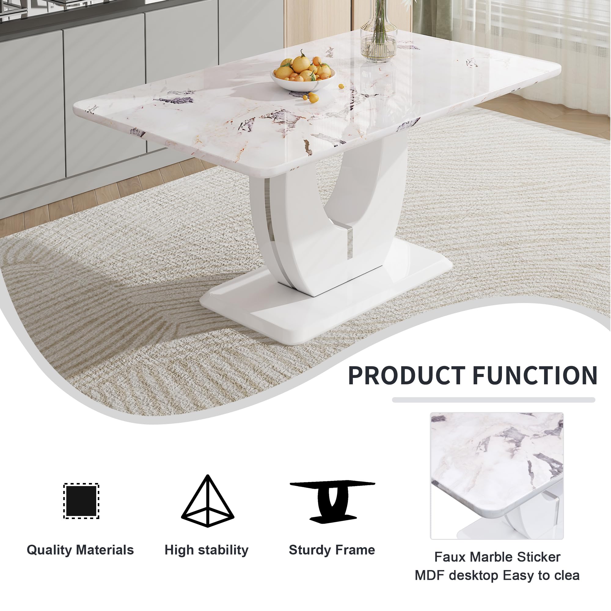 Pvillez 63" Marble Dining Table Set for 4, Modern Dining Room Kitchen Table with 1.57" Faux Marble Top & 4 PU Leather Upholstered Gray Dining Chairs, 5 Piece Dining Table Set for Dining Kitchen