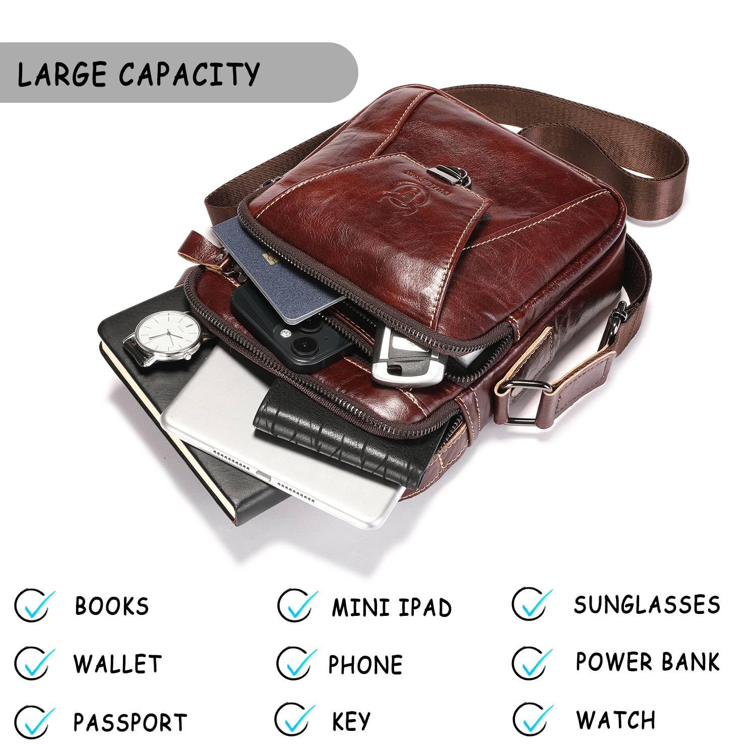 Mens Leather Messenger Bags Vintage Shoulder Bag Crossbody Satchel Handbag Travel Purse Casual Daypack