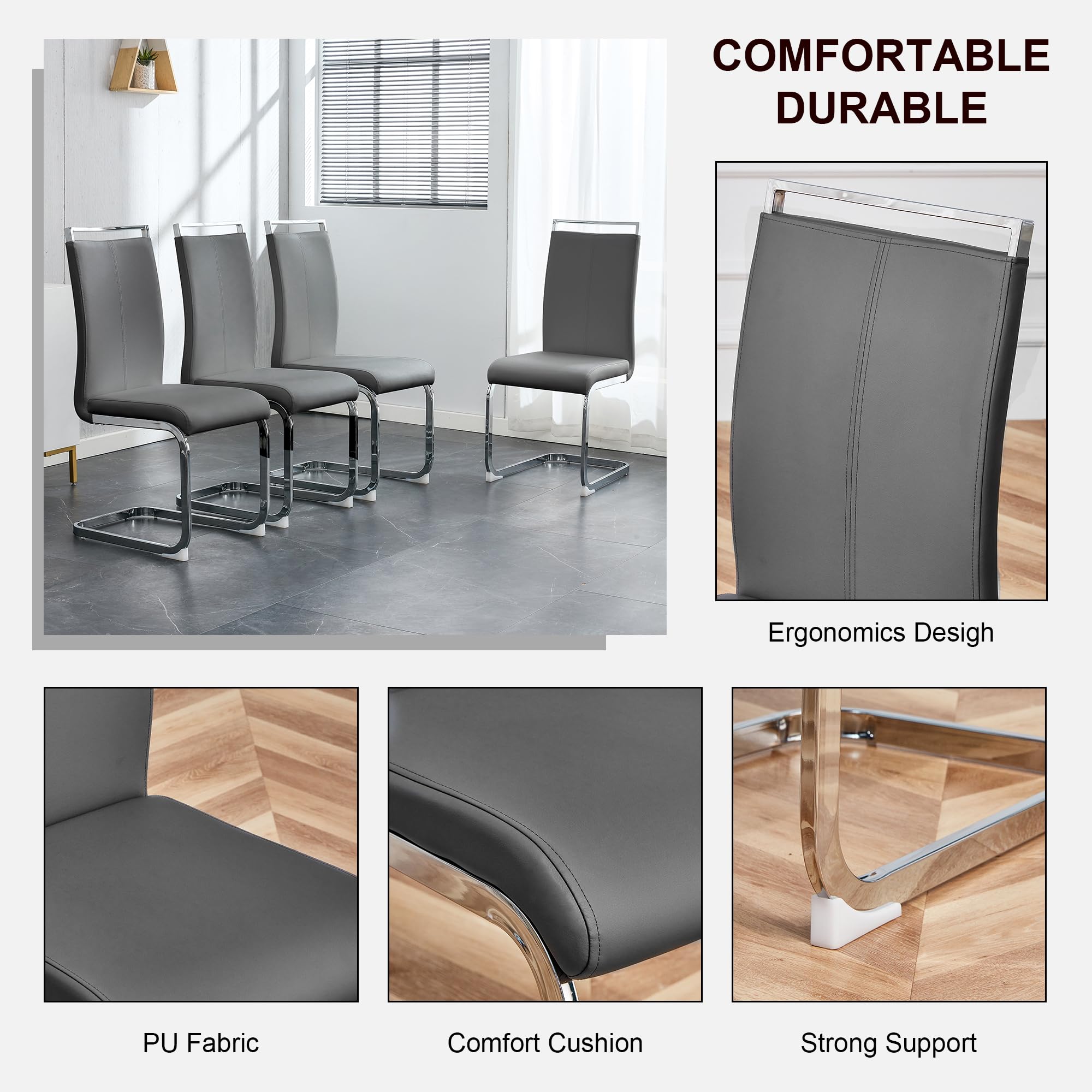 Pvillez 63" Marble Dining Table Set for 4, Modern Dining Room Kitchen Table with 1.57" Faux Marble Top & 4 PU Leather Upholstered Gray Dining Chairs, 5 Piece Dining Table Set for Dining Kitchen