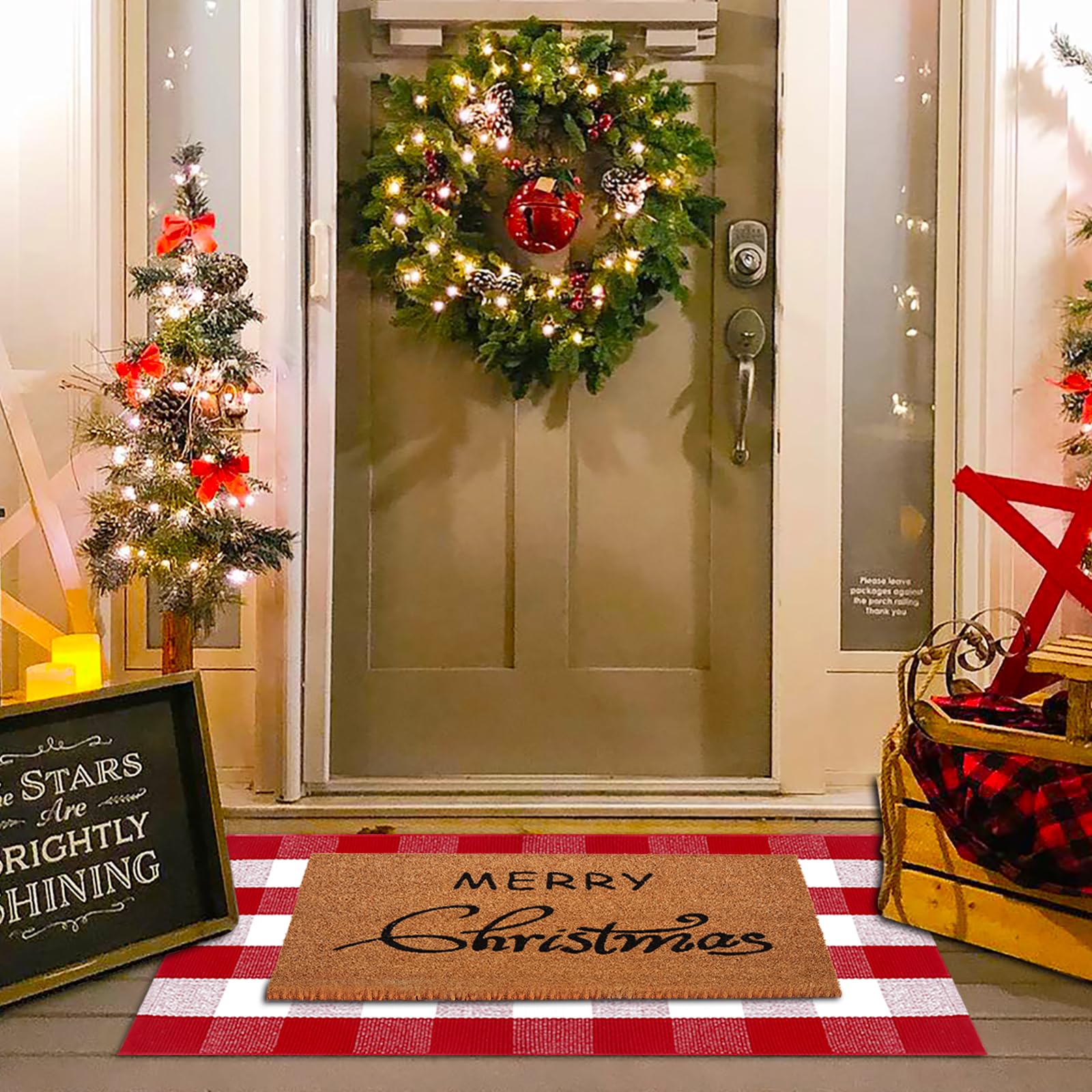 Christmas Door Mat Combo Set - 100% Coco Coir Welcome Mat + 28 x 43 Inch Red and White Plaid Rug, Christmas New Year Holiday Collection Doormat for Front Porch Entryway Decorative