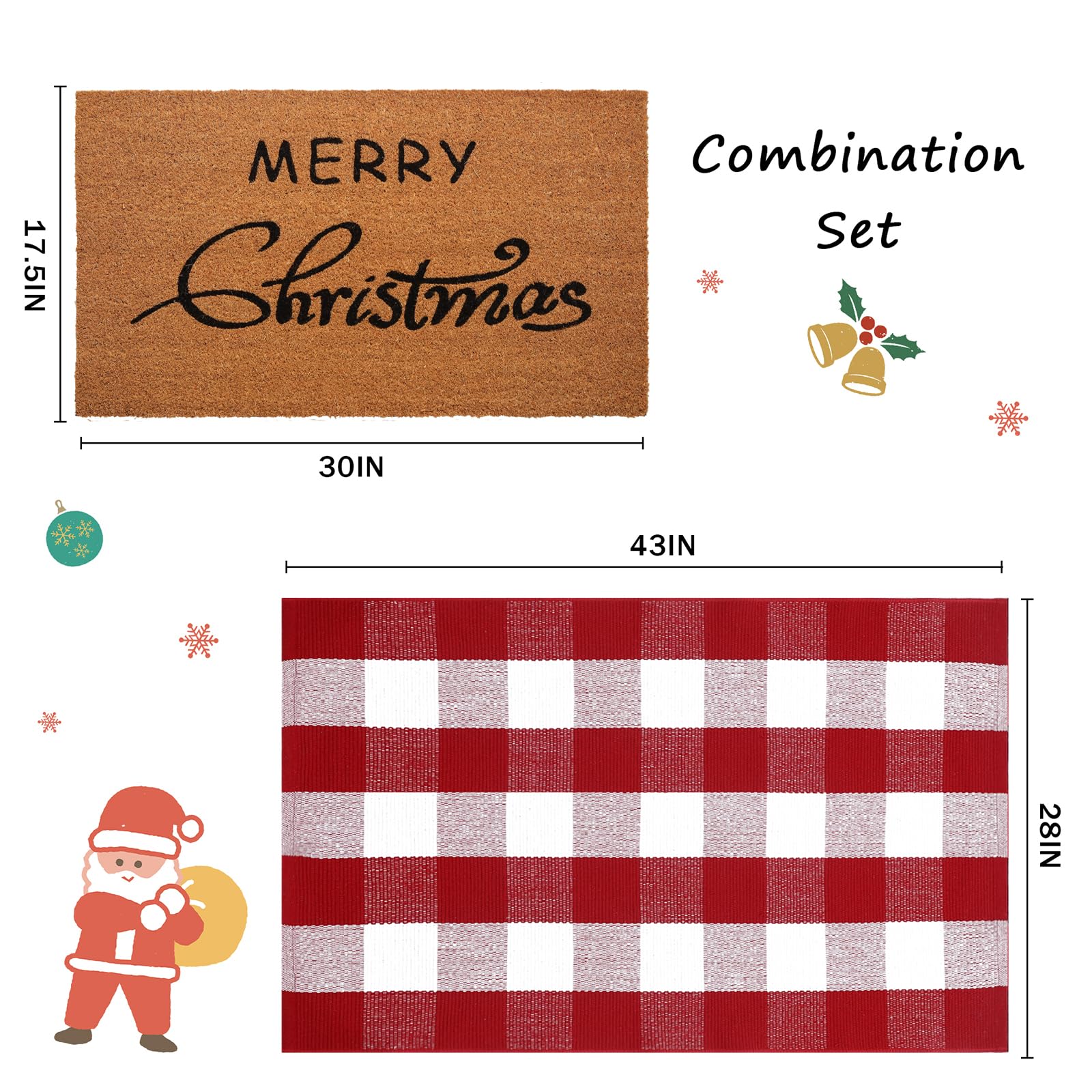 Christmas Door Mat Combo Set - 100% Coco Coir Welcome Mat + 28 x 43 Inch Red and White Plaid Rug, Christmas New Year Holiday Collection Doormat for Front Porch Entryway Decorative