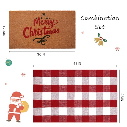 Christmas Door Mat Combo Set - 100% Coco Coir Welcome Mat + 28 x 43 Inch Red and White Plaid Rug, New Year Holiday Christmas Collection Doormat for Front Porch Entryway Decorative