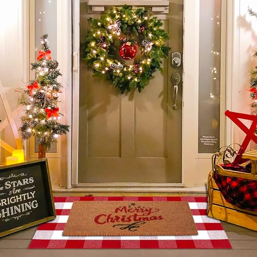 Christmas Door Mat Combo Set - 100% Coco Coir Welcome Mat + 28 x 43 Inch Red and White Plaid Rug, New Year Holiday Christmas Collection Doormat for Front Porch Entryway Decorative