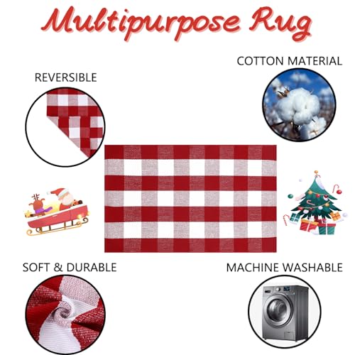 Christmas Door Mat Combo Set - 100% Coco Coir Welcome Mat + 28 x 43 Inch Red and White Plaid Rug, New Year Holiday Christmas Collection Doormat for Front Porch Entryway Decorative