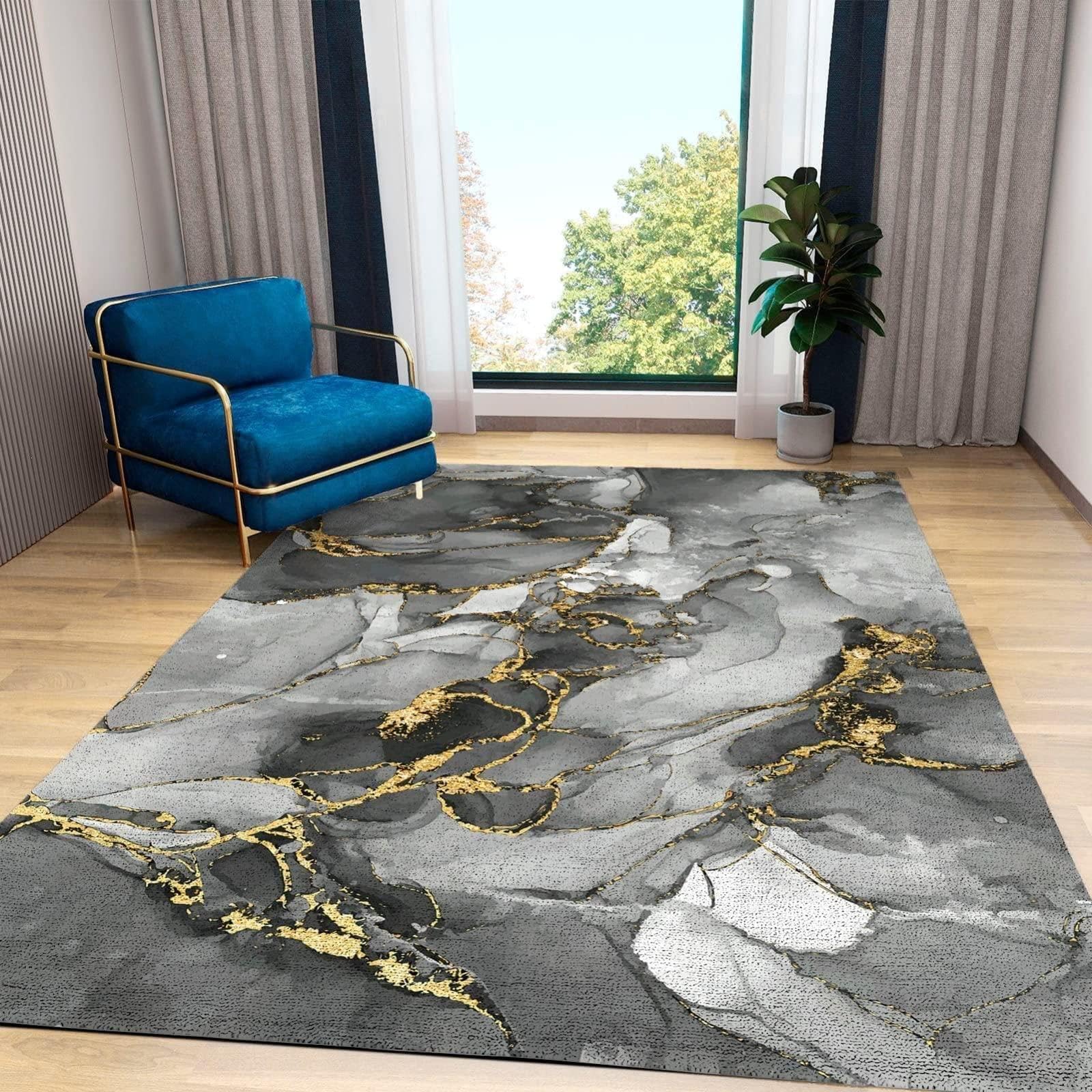 Modern Abstract Golden Gray Marble with Cracks Area Rug, Nordic Minimalist Texture Decorative Rug, Non-Slip Foldable Suitable for Living Room Bedroom Dining Room Office 3ftx4ft