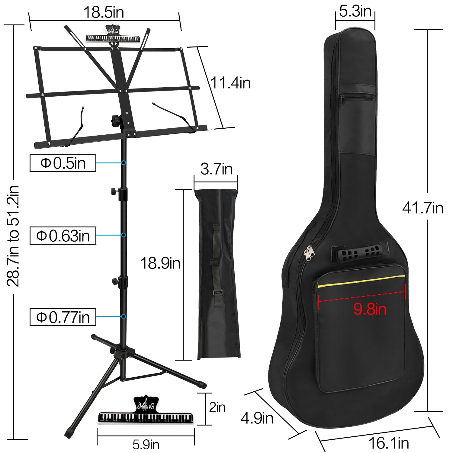 Sheet Music Stand with Guitar Stand, Guitar Gig Bag, Guitar Strap and Music Sheet Clip Holder, for Acoustic Classical Guitar, Bass(5pcs Kit)